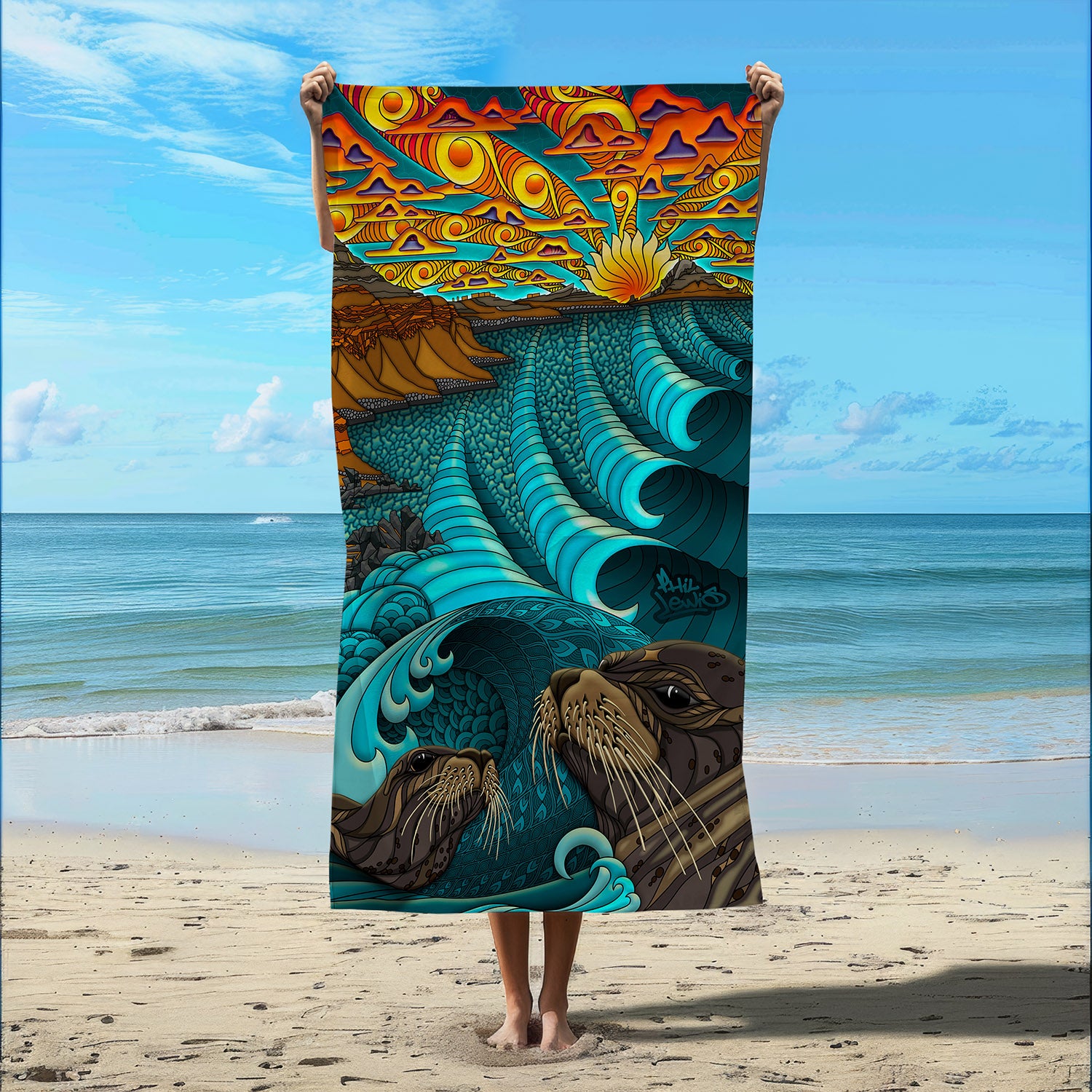 Sea Lions - Beach Towel – Phil Lewis Art